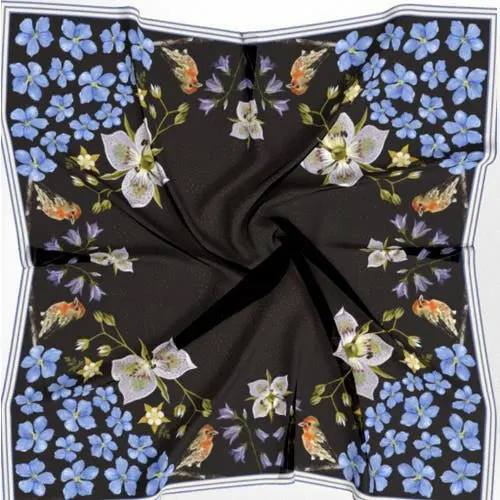 MATTY MILLER STUDIO 100% Silk Scarf Black Gentianfloral Bird Design